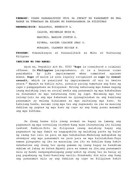 Isang Pananaliksik Ukol Sa Impact Ng Pananamit Ng Mga Babae Sa Tumataas Na Bilang Ng