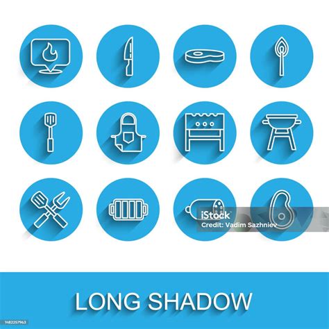 세트 라인 교차 포크와 주걱 바베큐 그릴 화염이 있는 위치 살라미 소시지 스테이크 고기 주방 앞치마 및 바베큐 화로 아이콘 벡터 고기에 대한 스톡 벡터 아트 및 기타 이미지