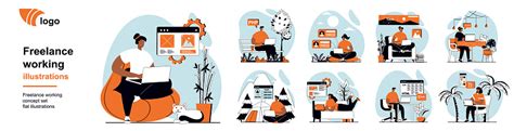프리랜서 작업 개념 사람들 장면 메가 플랫 웹 디자인으로 설정 재택 근무자 및 위치에서 온라인으로 작업을 수행하는 원격 작업자의 캐릭터 상황 번들 벡터 일러스트레이션 가상