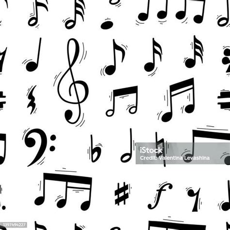 음악 노트 낙서 손으로 그린 이음새가 없는 무늬 스케치 스타일 뮤지컬 노트 패턴 핵심 요소 멜로디 음악 기호 검은 모양 벡터 일러스트레이션 Eighth Note에 대한 스톡