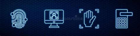 Set Line Palm Print Recognition Fingerprint Face And Digital Door Lock Glowing Neon Icon On