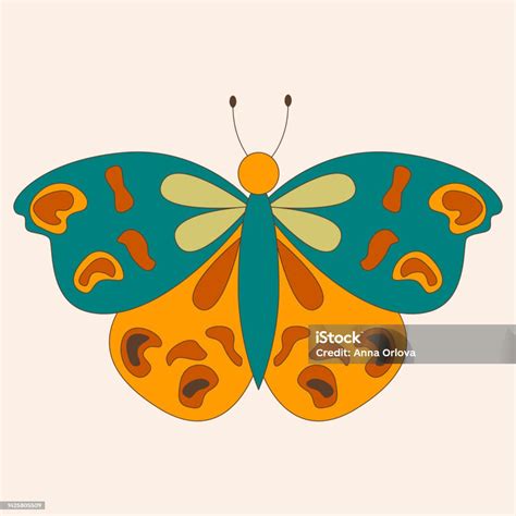 복고풍 60 년대 70 년대 히피 그루비 나비 카드 스티커 또는 포스터 디자인 플랫 벡터 일러스트 레이 션 1960 1969 년에 대한 스톡 벡터 아트 및 기타 이미지