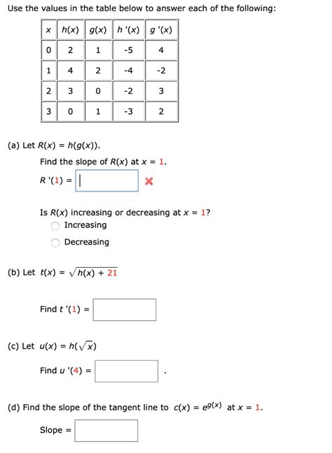 solved use the values in the table below to answer each of