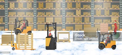 작업자 랙 유압 트롤리 지게차 팔레트 화물 상자가있는 창고 내부 배송 서비스 개념 배송 수평 배너 베이지 색 분리 배경에 스톡 벡터 일러스트레이션 저장고 일터에 대한 스톡