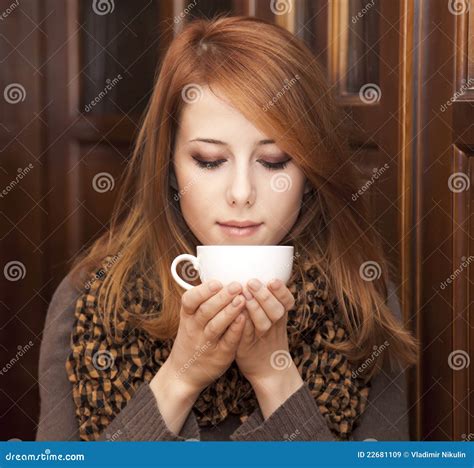 Style Redhead Girl Drinking Coffee Stock Image Image Of Leisure
