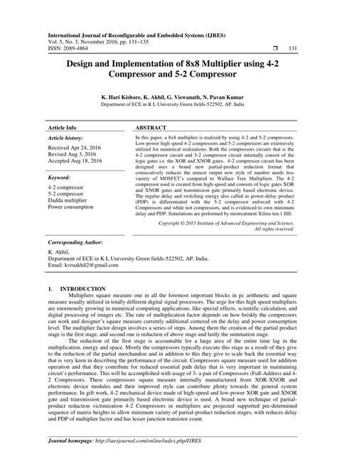 pdf design and implementation of 8x8 multiplier using 4 2 compressor