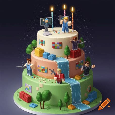 A Multi Tiered Birthday Cake Decorated With Roblox Style Characters