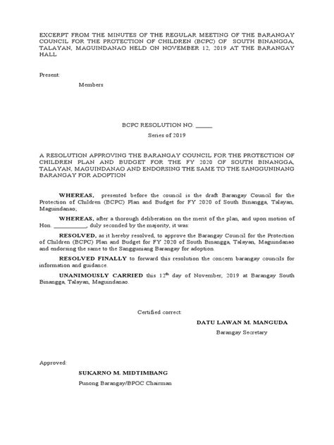 Bcpc Reso Approving Bcpc Plan And Budget Pdf