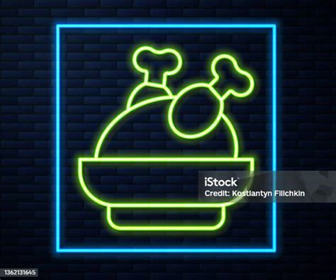 벽돌 벽 배경에 고립 된 빛나는 네온 라인 구운 칠면조 또는 치킨 아이콘 벡터 0명에 대한 스톡 벡터 아트 및 기타 이미지 0명 가금류 고기 Istock