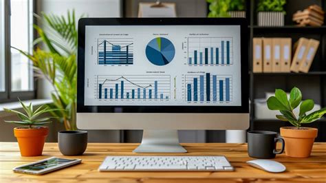 Home Office With Data Analytics On Desktop Screen Stock Illustration Illustration Of Green