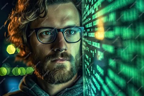 premium photo portrait of man over binary code numbers technology