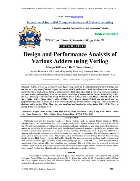 Pdf Design And Performance Analysis Of Various Adders Using Verilog﻿