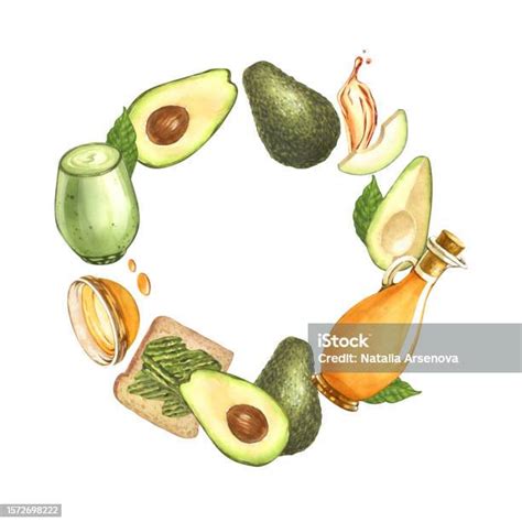 수채화 둥근 프레임 잘 익은 아보카도와 유리 그릇에 기름 손으로 그린 그림은 흰색 배경에 분리되어 있습니다 완벽한 음식 메뉴 음식 그리기 디자인 포장 건강한 식생활 개념