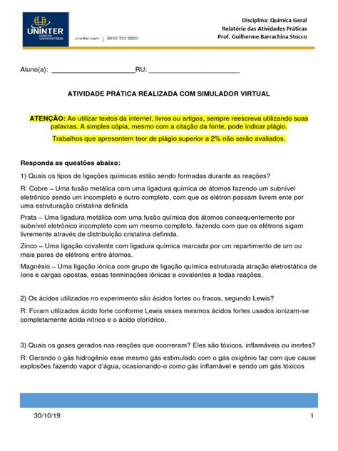 Atividade Prática Química Geral Uninter Pdf Ligação Química Reações Químicas
