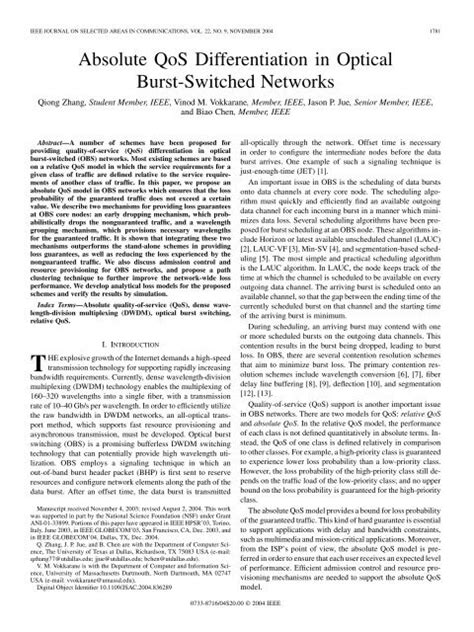Absolute Qos Differentiation In Optical Burst Switched Networks