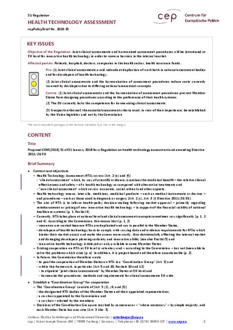 Health Technology Assessment Regulation Cep Centre For European Policy Network