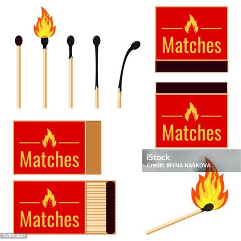 일치 평면 디자인 세트 벡터 그림 불에 성냥갑을 굽기 흰색 배경에 고립 된 탄 성냥갑 성냥갑에 대한 스톡 벡터 아트 및 기타 이미지 성냥갑 성냥 불 Istock