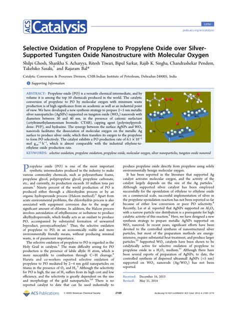 Pdf Selective Oxidation Of Propylene To Propylene Oxide Over Silver Supported Tungsten Oxide