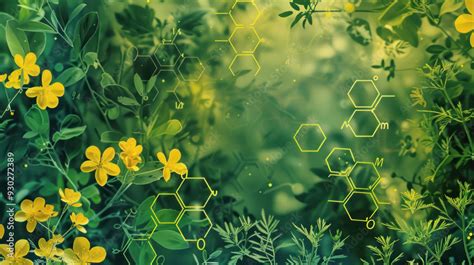 Molecular Structure Diagrams Overlaying A Green Background With Diverse Plant Species