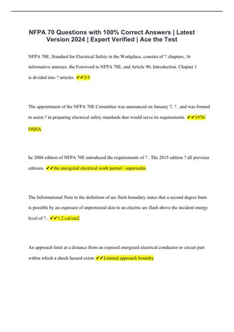 Nfpa 70 Questions With 100 Correct Answers Latest Version 2024 Expert Verified Ace The