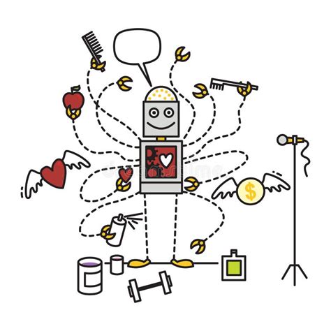 Multitasking Modern Robot With Multiple Hands Stock Vector Illustration Of Octopus Multitask