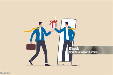 성공하거나 동기 부여와 영감을 높이기 위해 개인적인 목표를 달성하거나 승리를 축하하거나 개념을 이길 때 사업가는 자기 동기에 대한 거울에서 자신의 보상을받을 때 자신을 보상