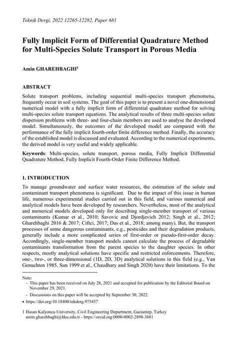 Pdf Fully Implicit Form Of Differential Quadrature Method For Multi Species Solute Transport