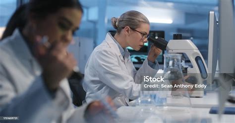 생명 공학 분석 및 연구 협업을 위한 현미경을 사용하는 과학자 테스트 및 실험실 바이러스 또는 건강에 대한 백신 치료를 위한 과학 혁신을 위해 노력하는 미래 실험실 및 여성