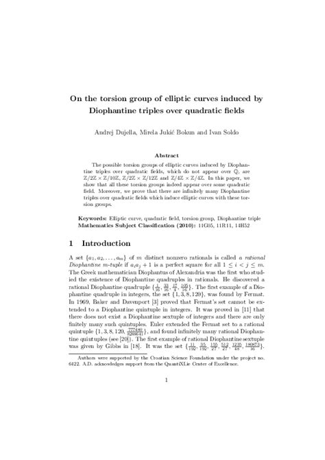 Pdf On The Torsion Group Of Elliptic Curves Induced By Diophantine Triples Over Quadratic Fields