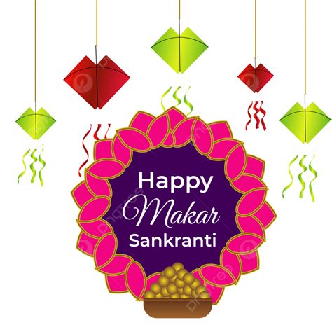 Happy Makar Sankranti Typography With Hanging Kites And Laddu