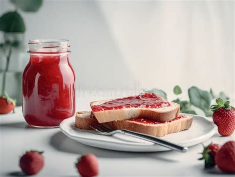 Toast With Strawberry Jam For Breakfast On White Table Generative Ai Stock Illustration