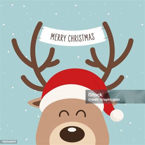 순록 빨간 산타 모자와 인사말 배너 표지판 눈 배경 귀여운 클로즈업 만화를 고개를 끄덕입니다 크리스마스 카드 눈송이에 대한 스톡 벡터 아트 및 기타 이미지 Istock