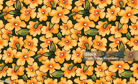 빈티지 여름 초원과 매끄러운 패턴 손으로 그린 노란 꽃과 잎의 조밀 한 필드와 로맨틱 꽃 프린트 신선한 색상의 귀여운 식물 배경 벡터 그림입니다 개화기에 대한 스톡 벡터