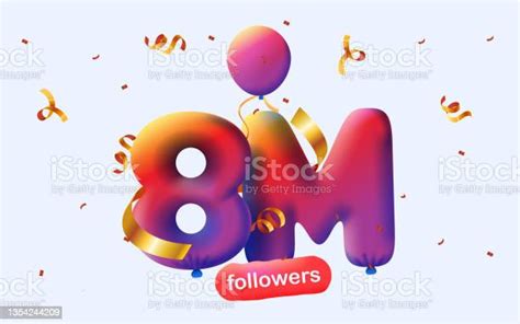 8m 추종자가있는 배너는 3 개의 그라데이션 풍선과 다채로운 색종이 형태로 감사합니다 소셜 미디어에 대한 벡터 일러스트 3d 번호 800000 팔로워 감사 구독자를 축하