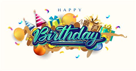 생일 축 하에 대 한 풍선 색종이와 선물 상자 디자인 서식 파일 인사말 카드와 포스터에 대 한 행복 한 생일 타이포 그래피 벡터 디자인 공휴일에 대한 스톡 벡터 아트 및