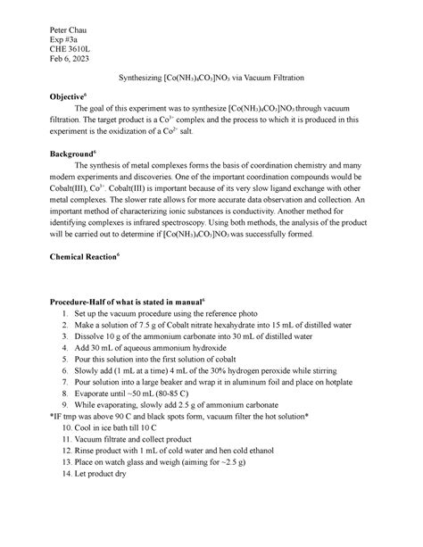 Prelab A Peter Chau Exp A CHE L Feb Synthesizing Co NH CO