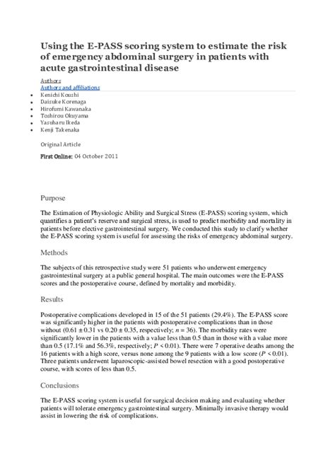 Doc Using The E Pass Scoring System To Estimate The Risk Of Emergency Abdominal Surgery In