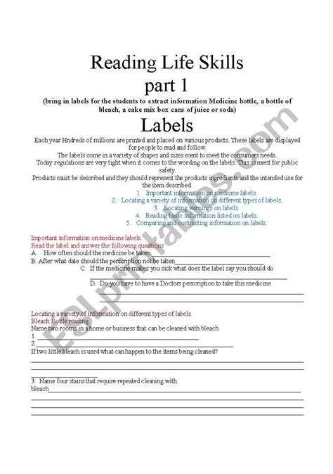 Real Life Reading Skills Worksheets