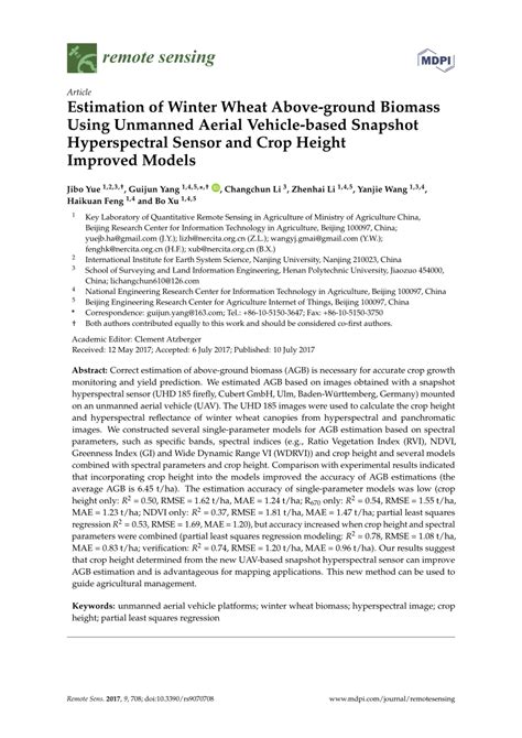 Pdf Estimation Of Winter Wheat Above Ground Biomass Using Unmanned Aerial Vehicle Based