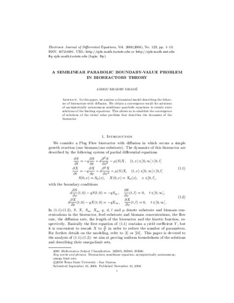 Pdf Semilinear Parabolic Boundary Value Problem In Bioreactors Theory