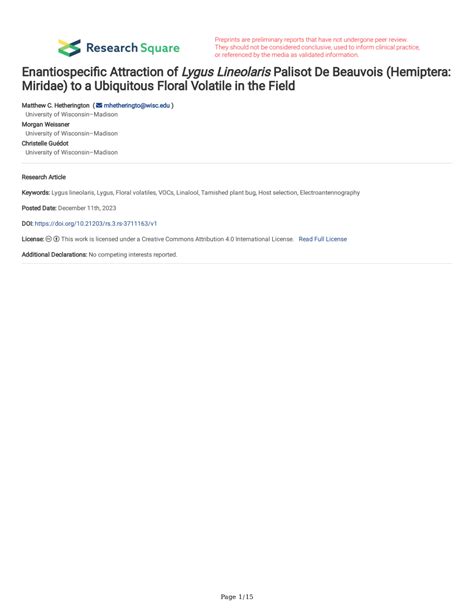 Pdf Enantiospecific Attraction Of Lygus Lineolaris Palisot De