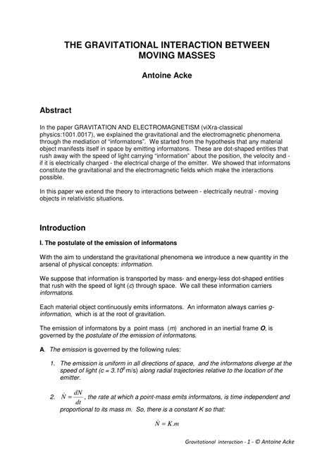 Pdf The Gravitational Interaction Between Moving Masses