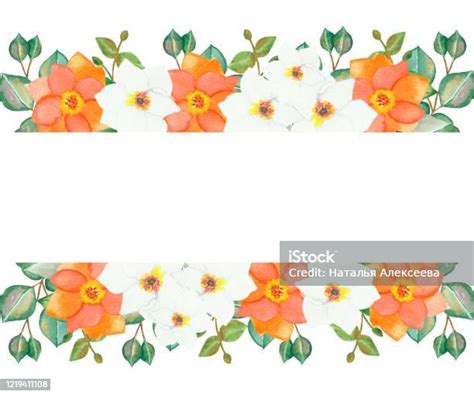 수채화 손 그린 자연 꽃 배너 프레임 오렌지와 흰색 꽃 꽃과 녹색 유칼립투스 잎 초대 및 인사말 카드에 대한 흰색 배경에 지점에 감사에 대한 스톡 벡터 아트 및 기타 이미지
