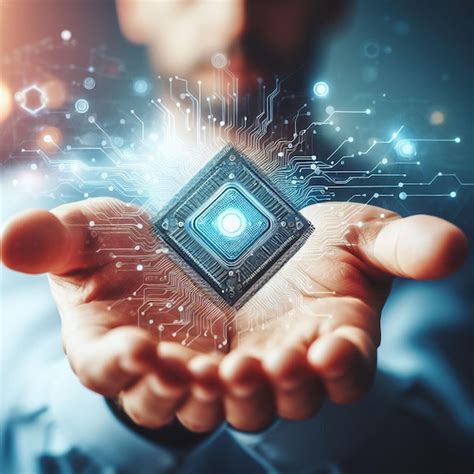Premium Photo Microchip Processor Holding In Hand Luminous Technology Background
