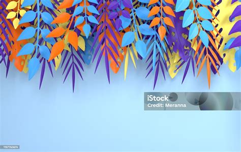 열대 종이 손바닥 몬스터 잎 프레임 여름 열대 잎입니다 종이 접기 이국적인 하와이 정글 여름 배경입니다 종이 컷 스타일입니다 3d 렌더링 초대장에 대한 스톡 사진 및 기타