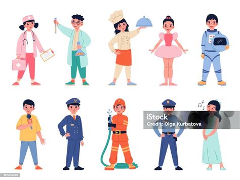 귀여운 젊은 프로페셔널 다양한 직업의 어린이 유니폼 의사 우주 비행사 조종사와 요리사 간호사와 발레리나 가수와 경찰 소방관과 과학자 소년과 소녀 벡터 세트 가수에 대한 스톡