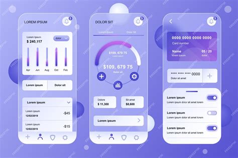 모바일 앱 Ui Ux Gui 화면 세트를위한 금융 글라스 모픽 디자인 뉴 모픽 요소 키트 프리미엄 벡터