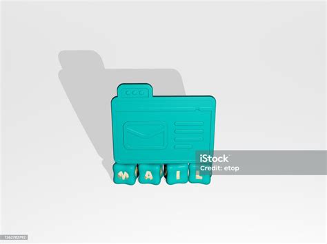 개념 의미와 슬라이드 쇼 프리젠 테이션을위해 거울 바닥에 금속 입방 문자로 정렬 된 벽과 텍스트에 아이콘이있는 Mail의 3d 표현 일러스트 및 봉투 0명에 대한 스톡 사진