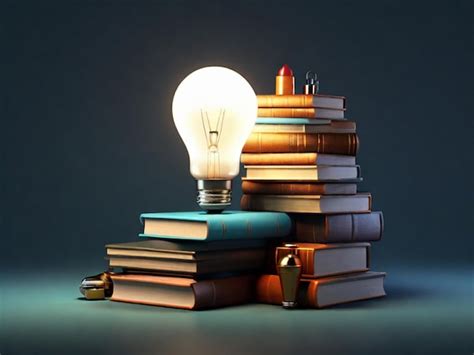 Premium Photo Stack Of Books And Lightbulb 3d Render Icon