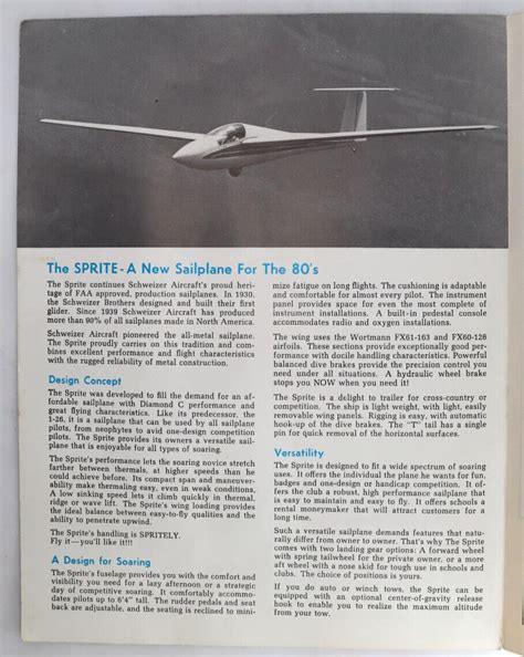 1980s Vintage Schweizer Sprite Glider Sailplane Aircraft Descriptive